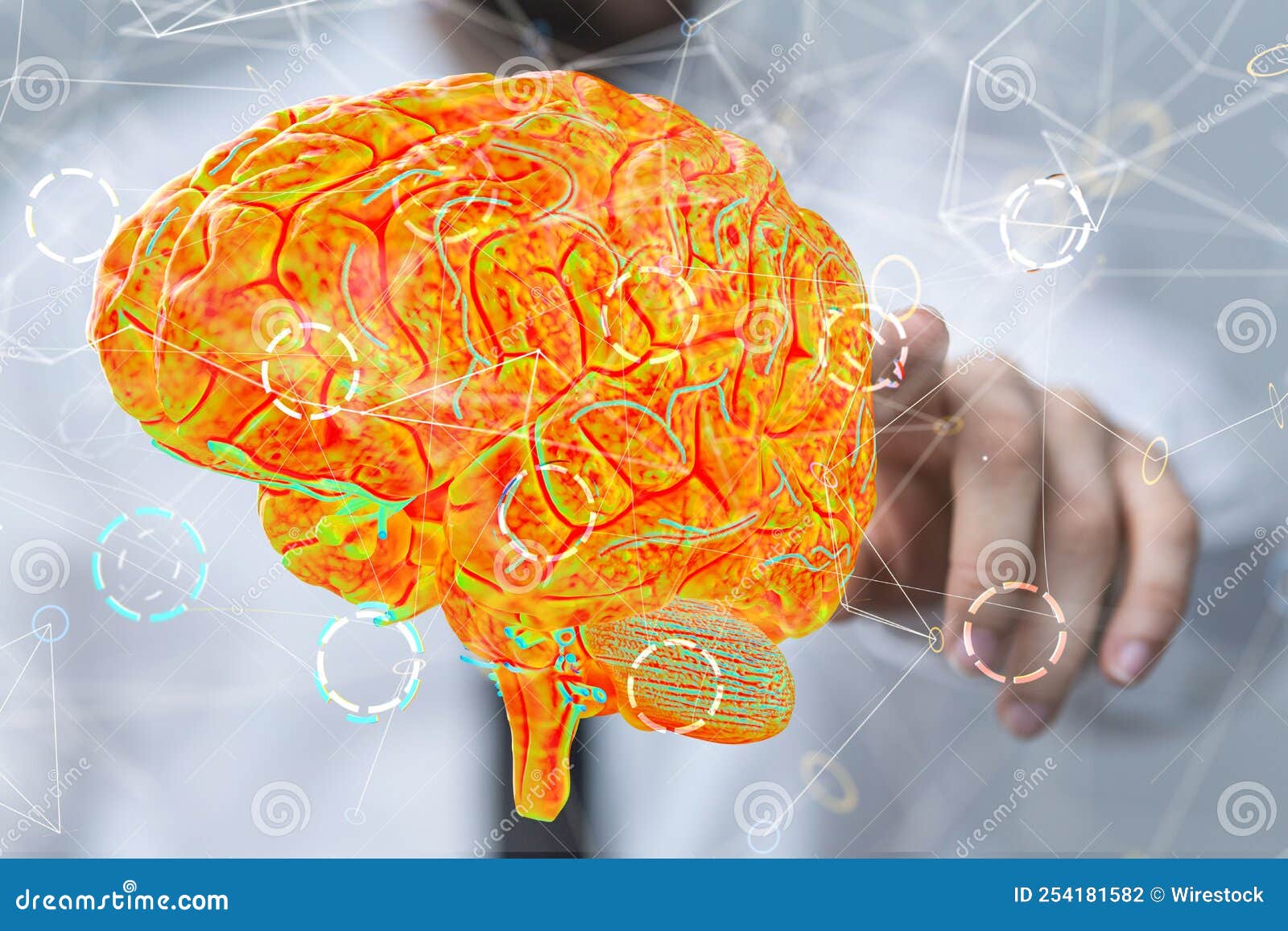 Hand Pointing at the Digital Brain Hologram. Stock Photo - Image of ...