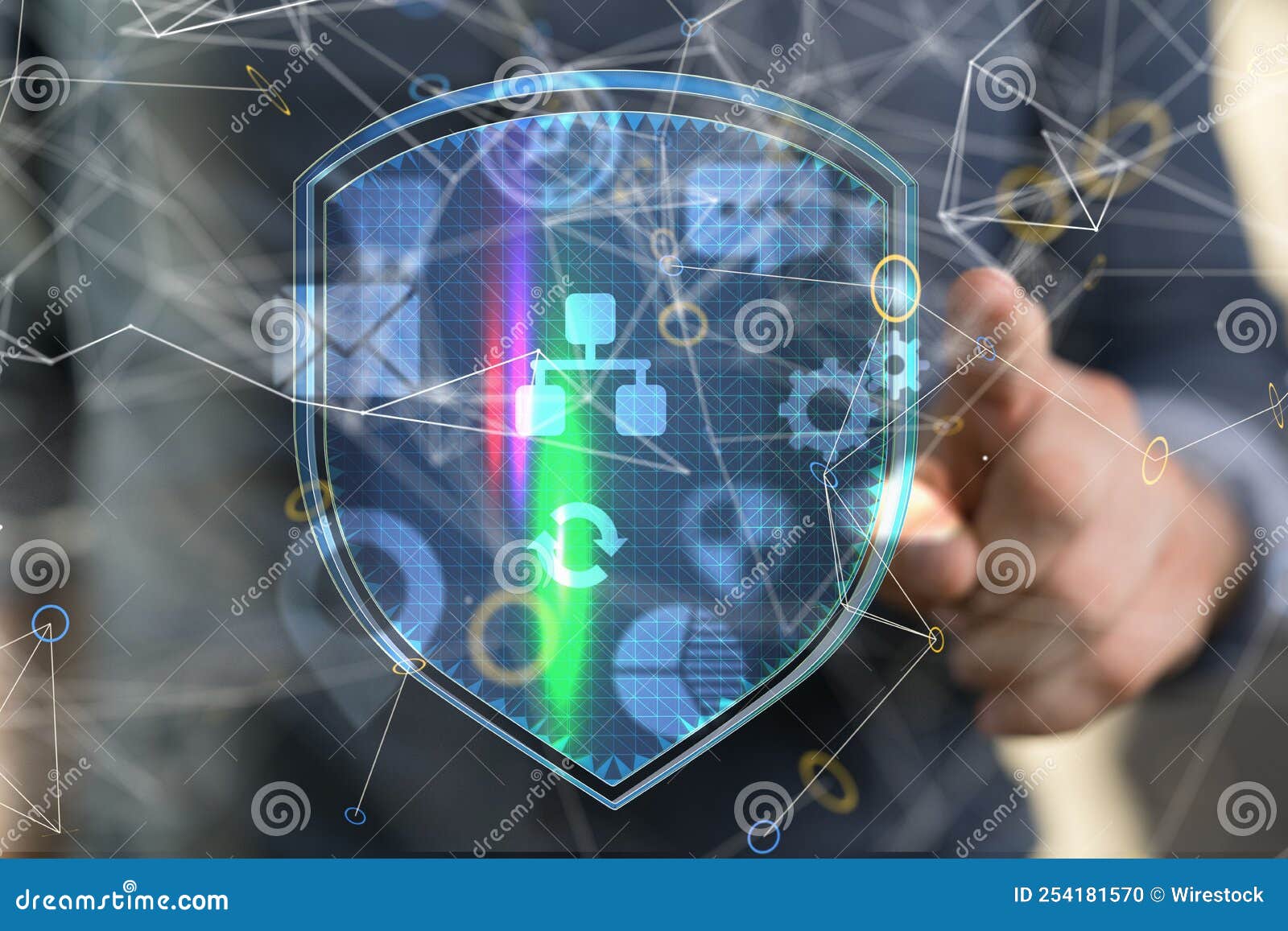Hand Pointing at a Digital Hovering Shield Hologram with Connected ...