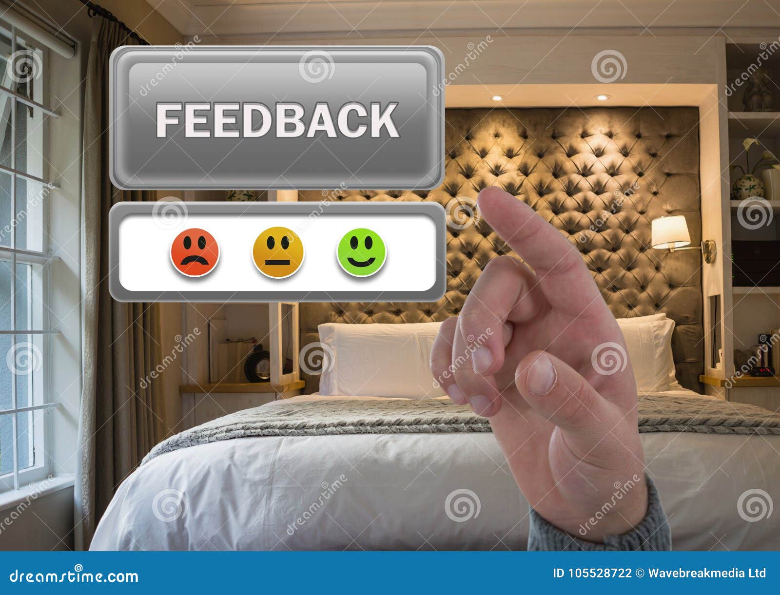 Hand Pointing at Feedback Button and Smiley Faces Review in ...