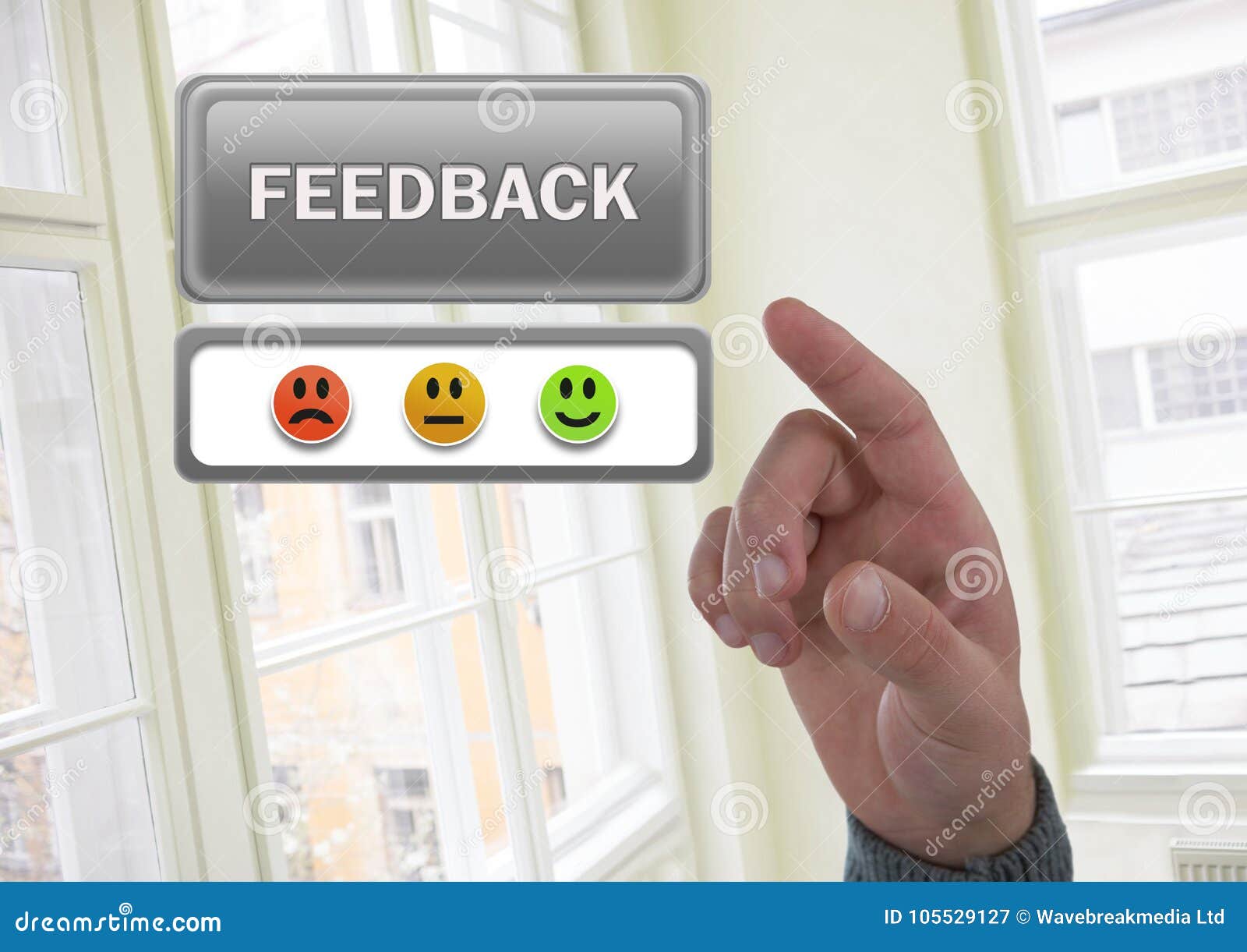 Hand Pointing at Feedback Button and Feedback Smiley Faces Satisfaction ...