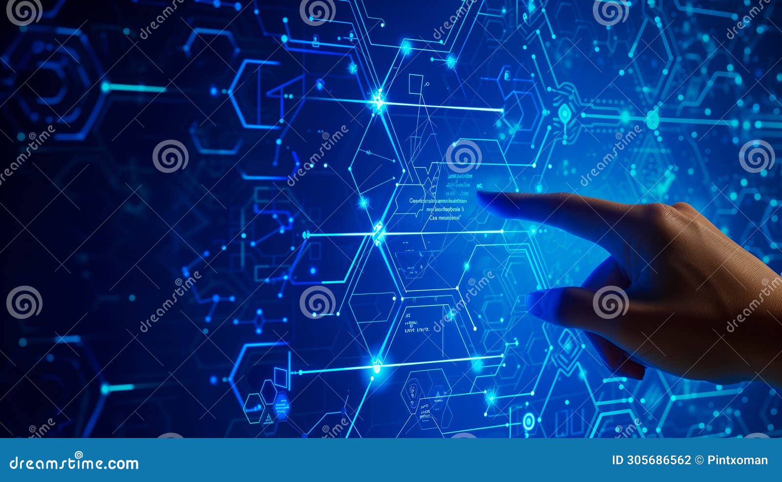 Hand Pointing Finger at a Technology Screen. Blue Background ...