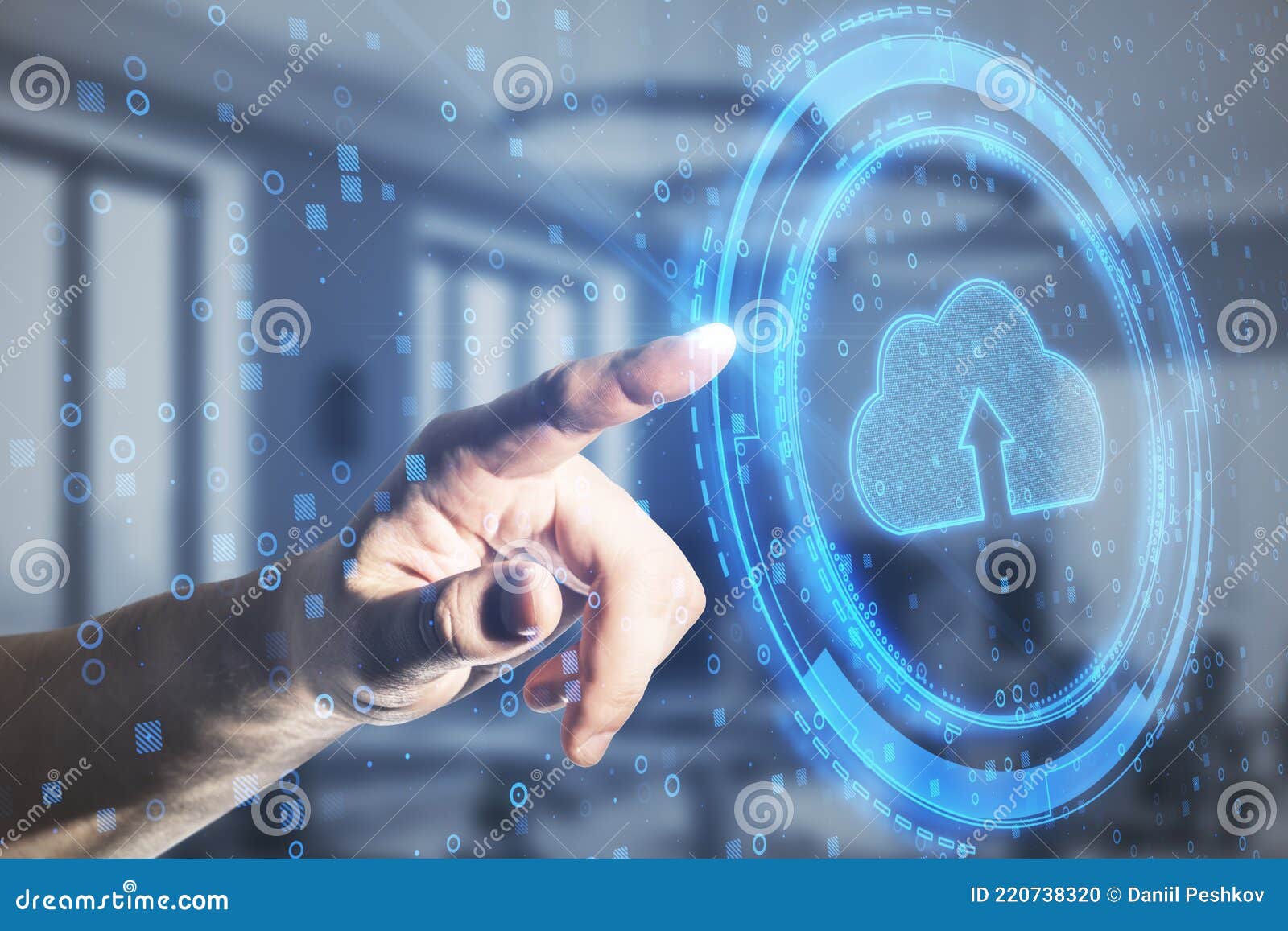 Hand Pointing at Glowing Digital Cloud on Blurry Background. Cloud ...