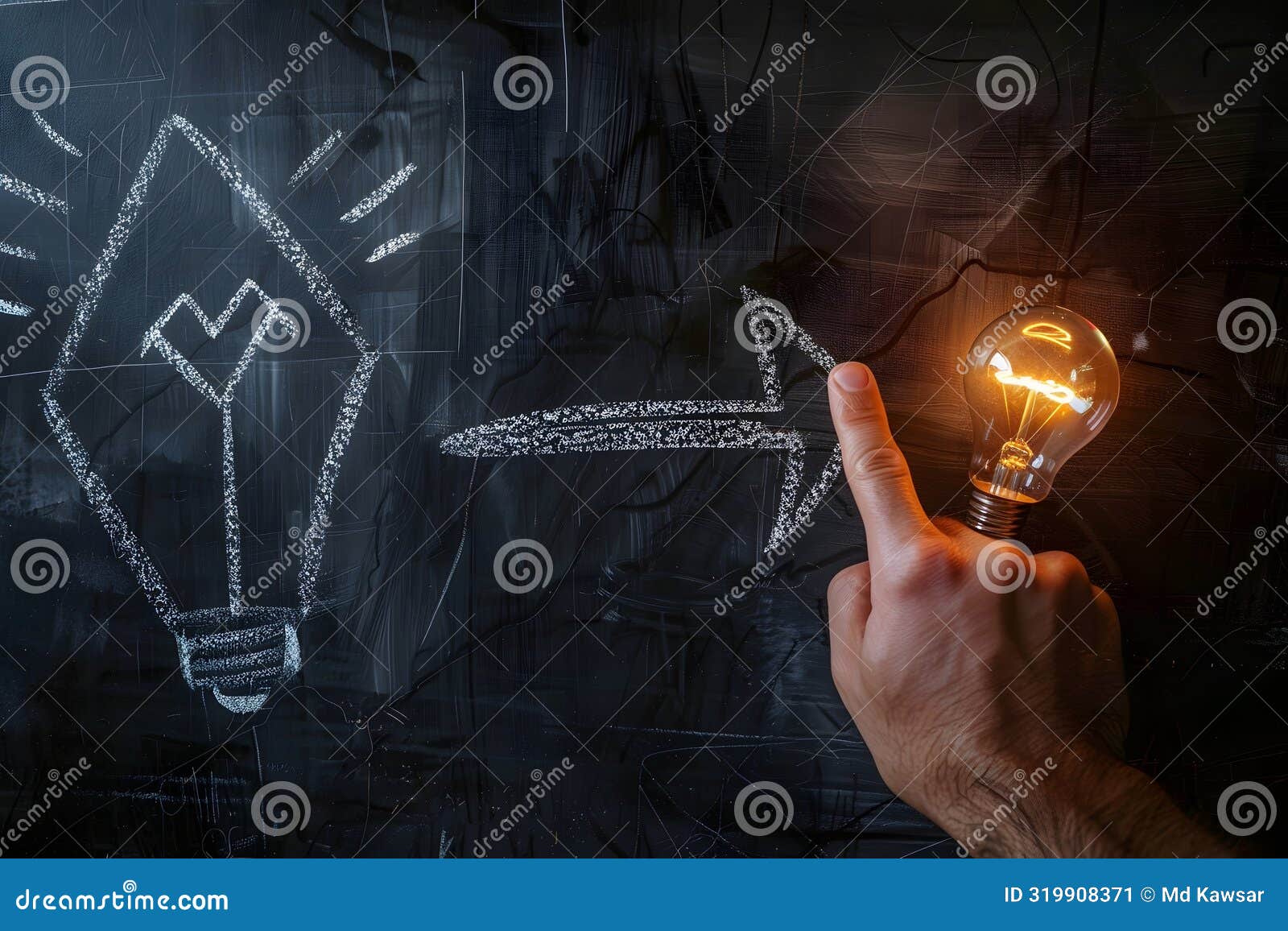 Hand Pointing at Glowing Light Bulb on Blackboard with Chalk Drawings ...