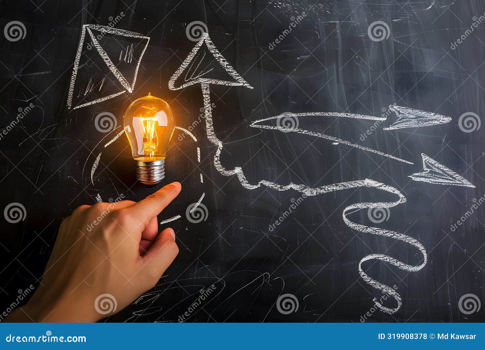 Hand Pointing at Glowing Light Bulb on Blackboard Stock Illustration ...