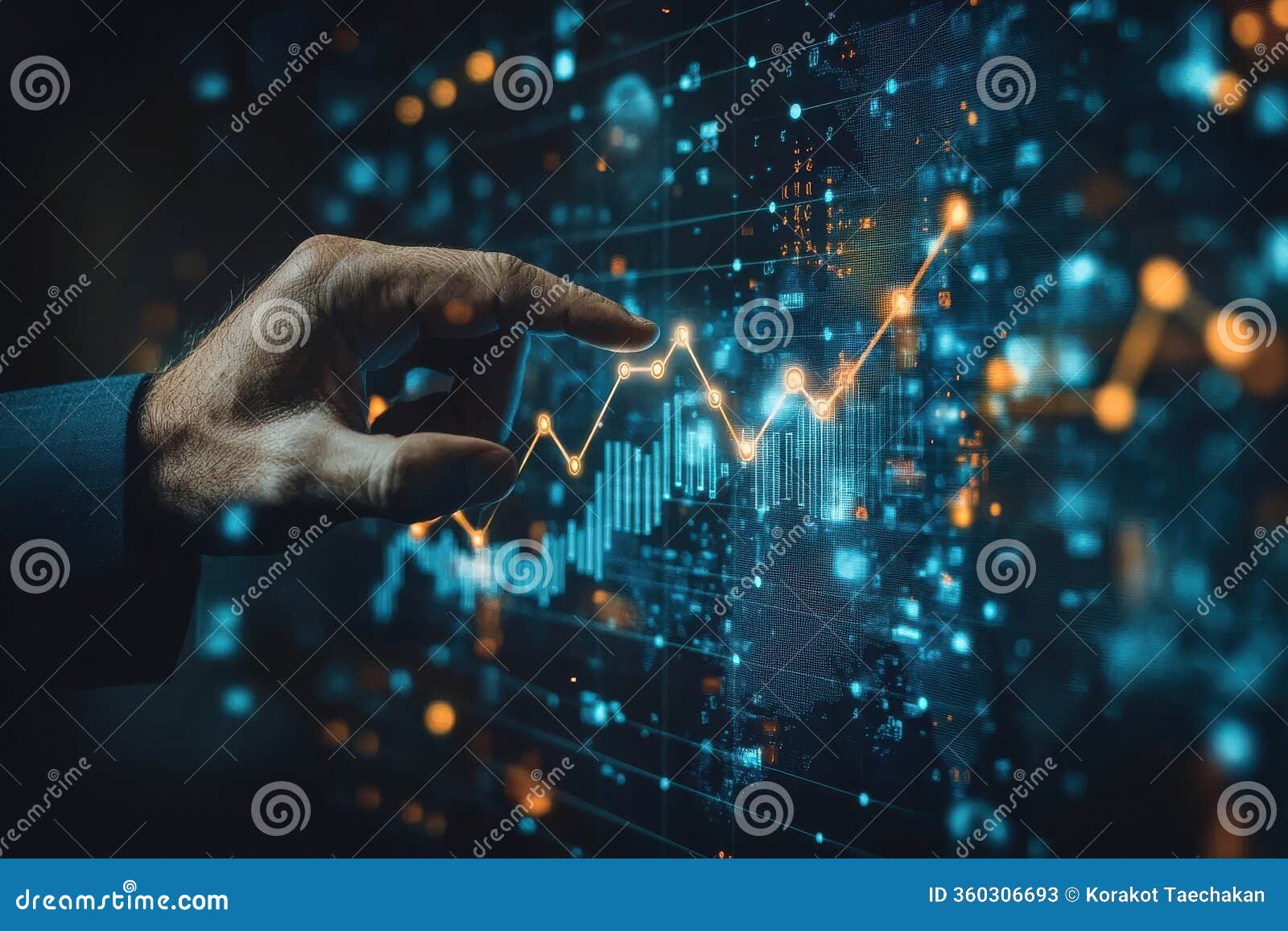 A Hand is Pointing at a Graph on a Computer Screen Stock Image - Image ...