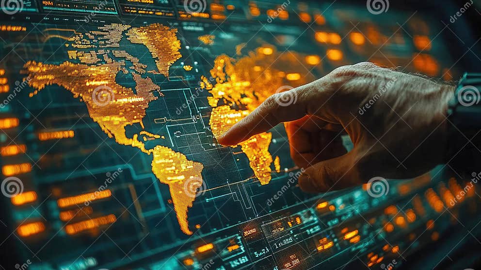 A Hand is Pointing at a High-tech Digital Screen Displaying a Global ...