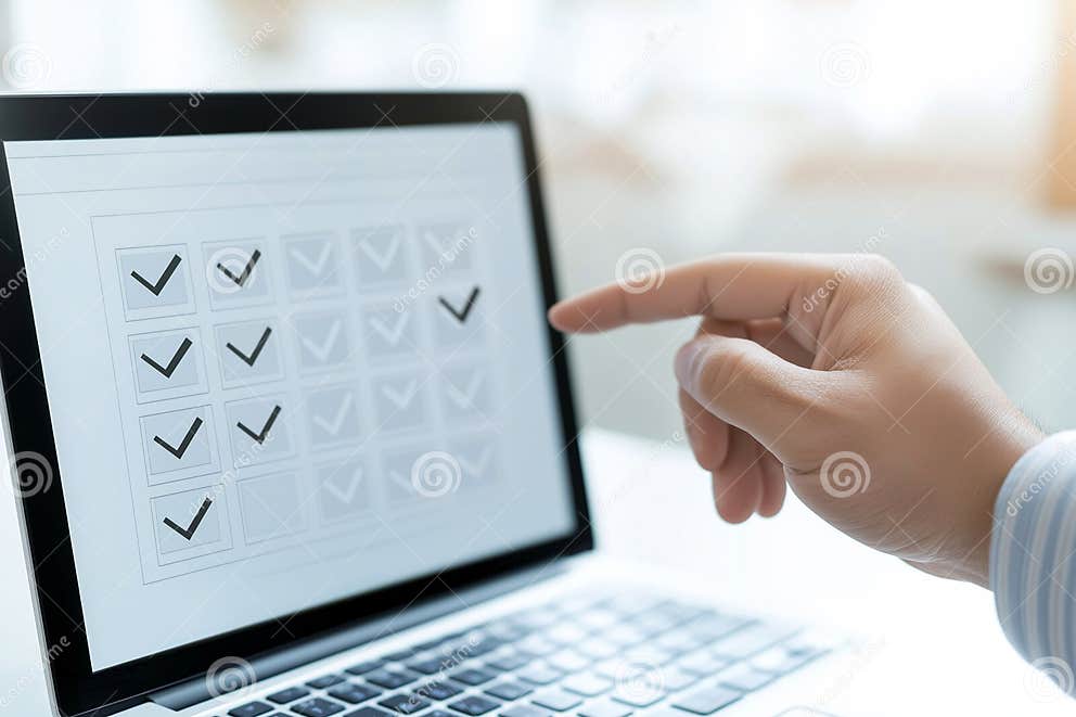 Hand Pointing at Laptop Screen Displaying Checkmarks Symbolizing Task ...
