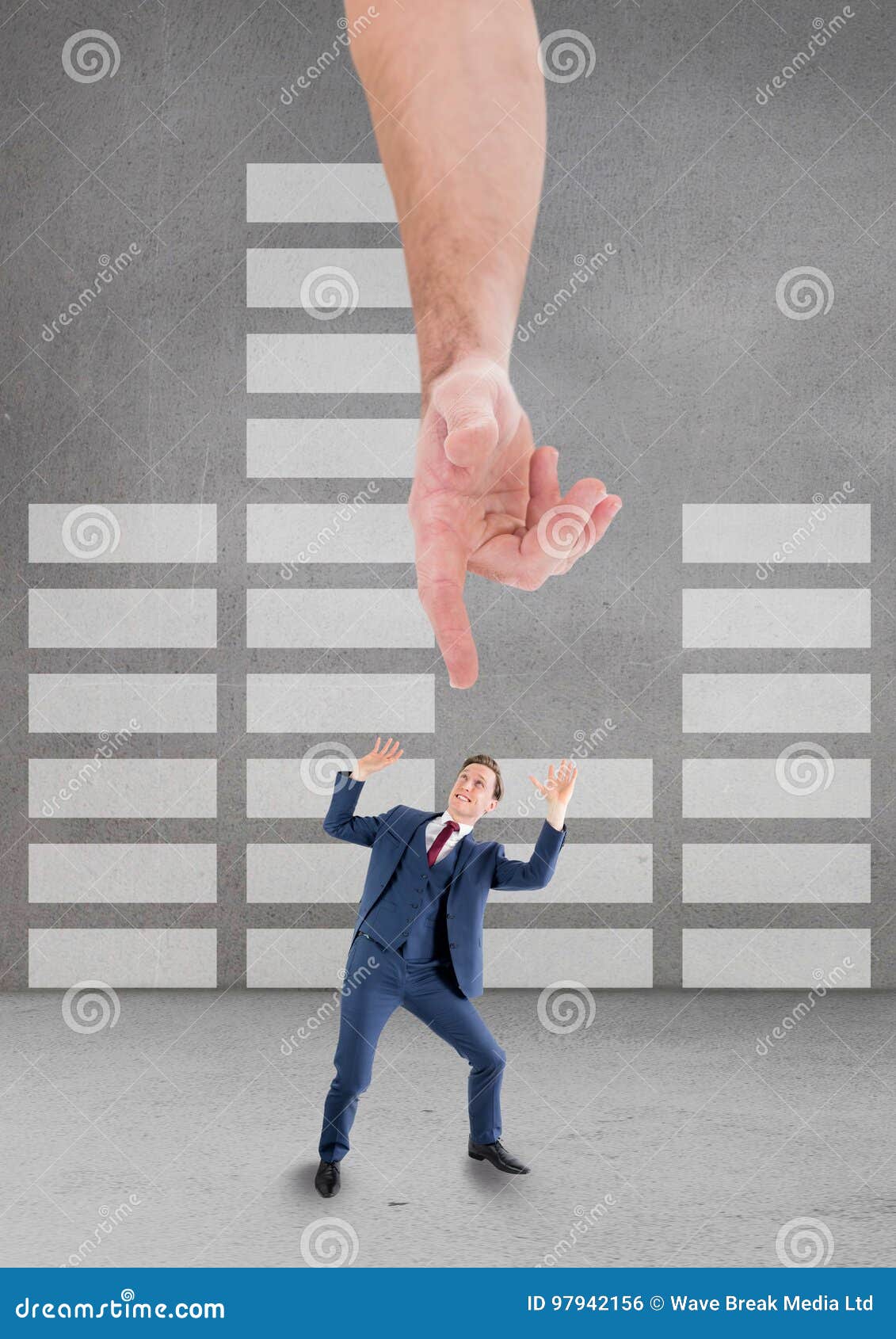 Hand Pointing at Scared Business Man Against Grey Background with ...