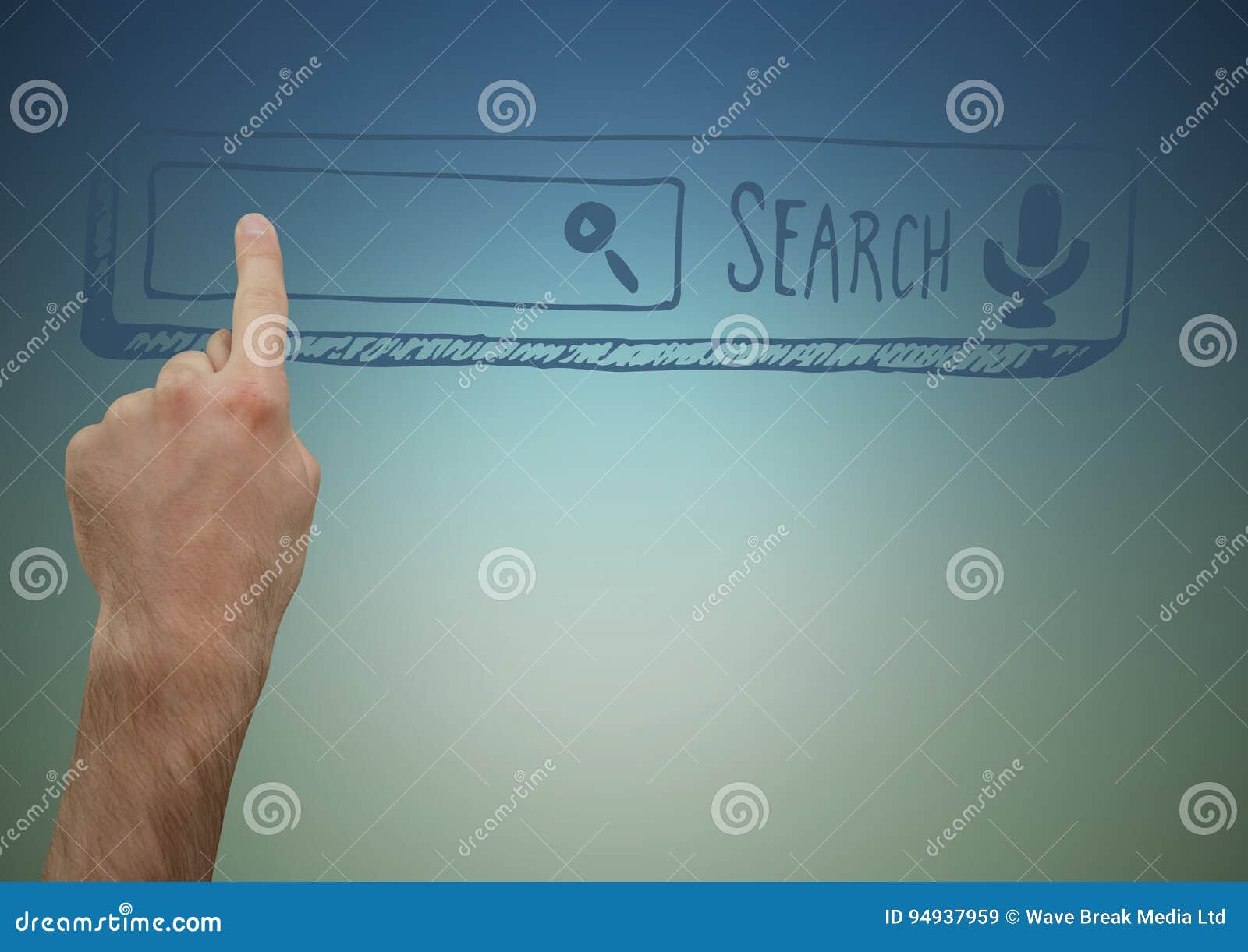 Hand Pointing at Search Bar Against Blue Green Background Stock Image ...