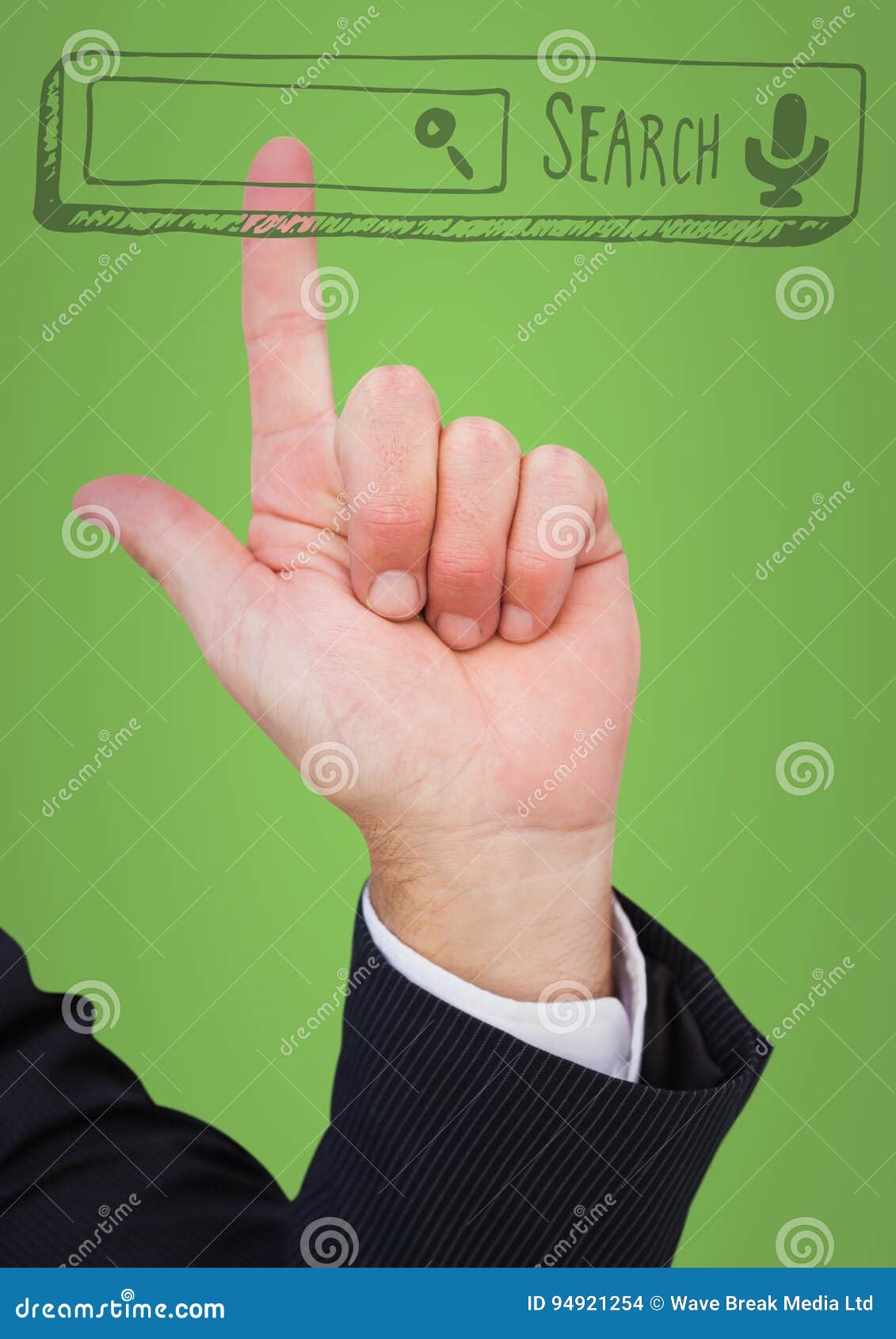 Hand Pointing at Search Bar Against Green Background Stock Photo ...