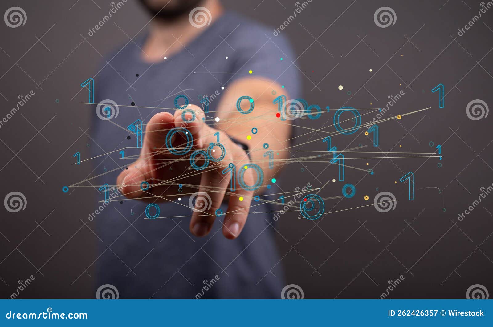 Hand Pointing To Digital Binary Codes - the Concept of Lines and Futuristic Data Flow.3D ...