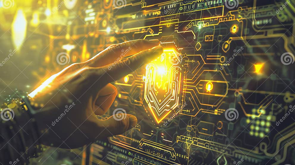 Hand Pointing To a Glowing Cybersecurity Shield on a Digital Interface ...