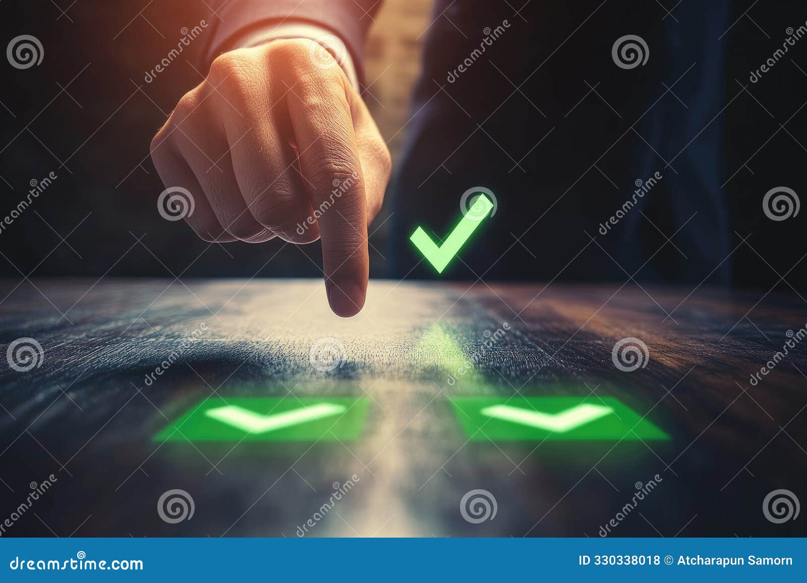 A Hand is Pointing To a Green Check Mark on a Table Stock Illustration ...