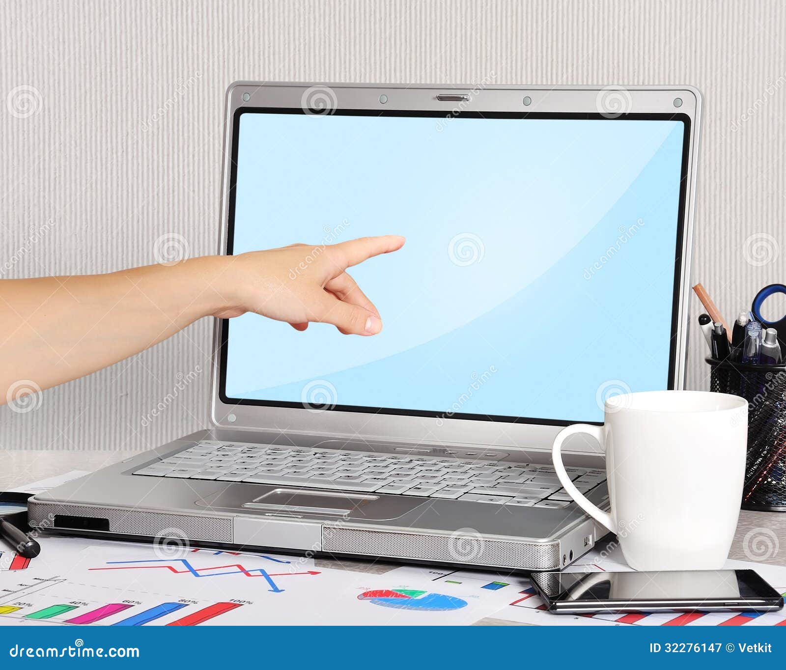Hand pointing to laptop stock image. Image of graphic - 32276147