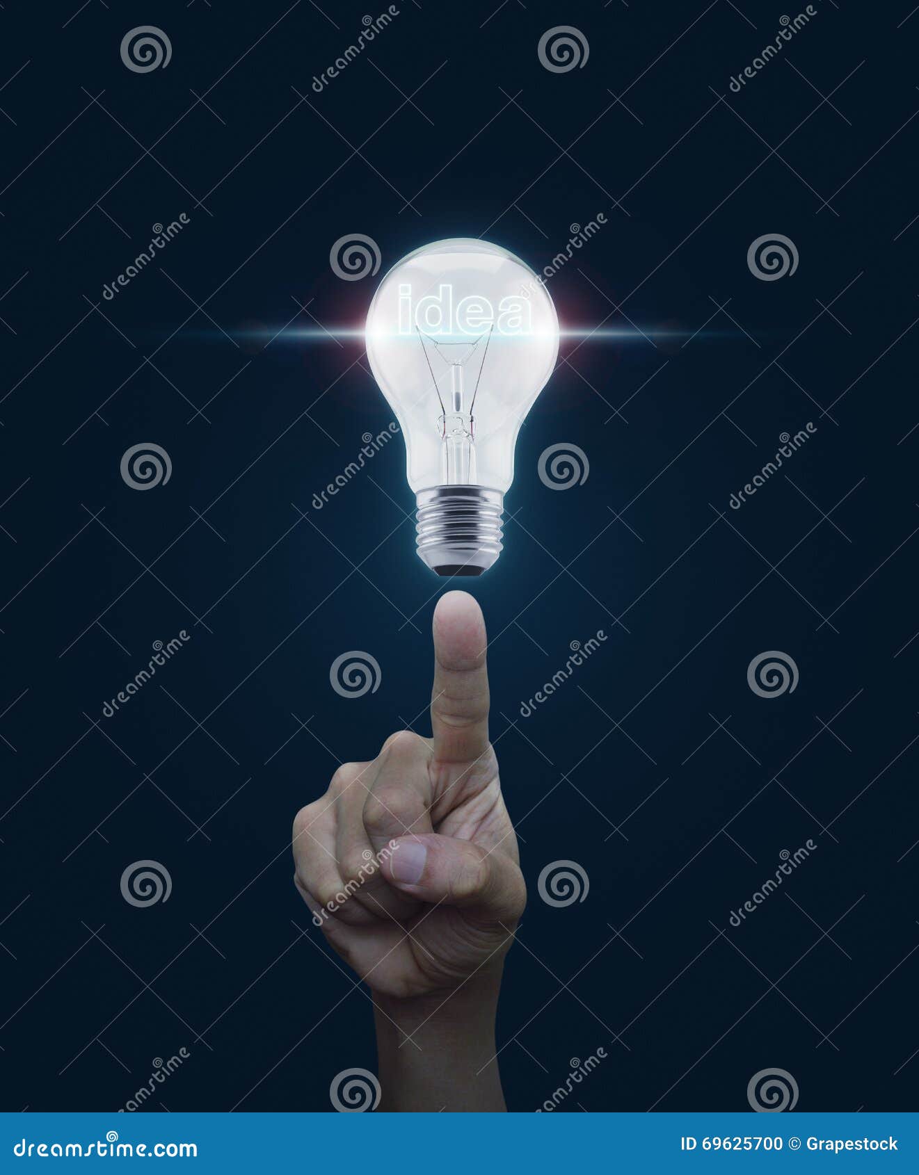 Hand Pointing To Light Bulb with Blue Spot Light and Idea Word O Stock ...