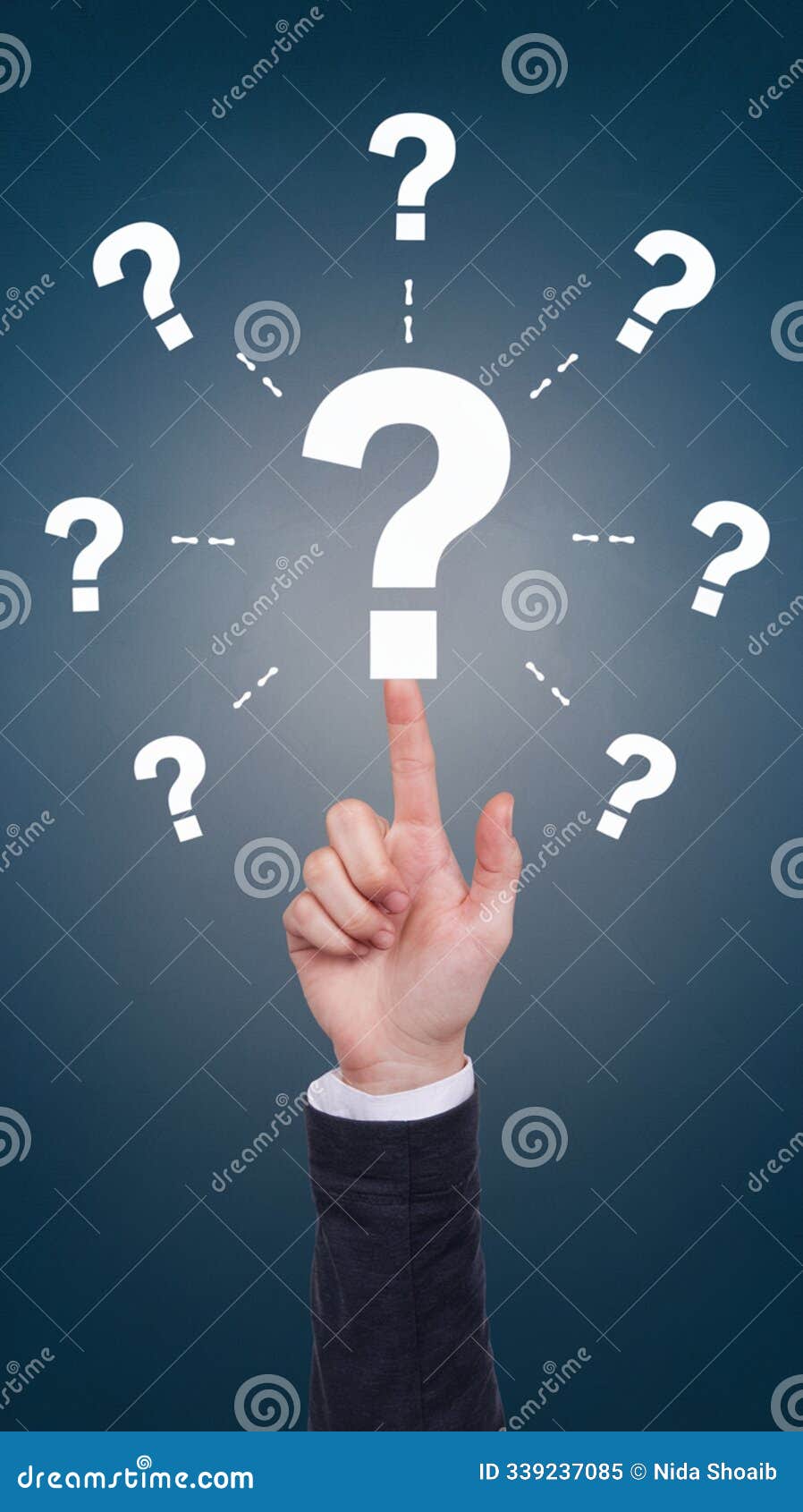 Hand Points at Central Question Mark Surrounded by Others, Blue ...