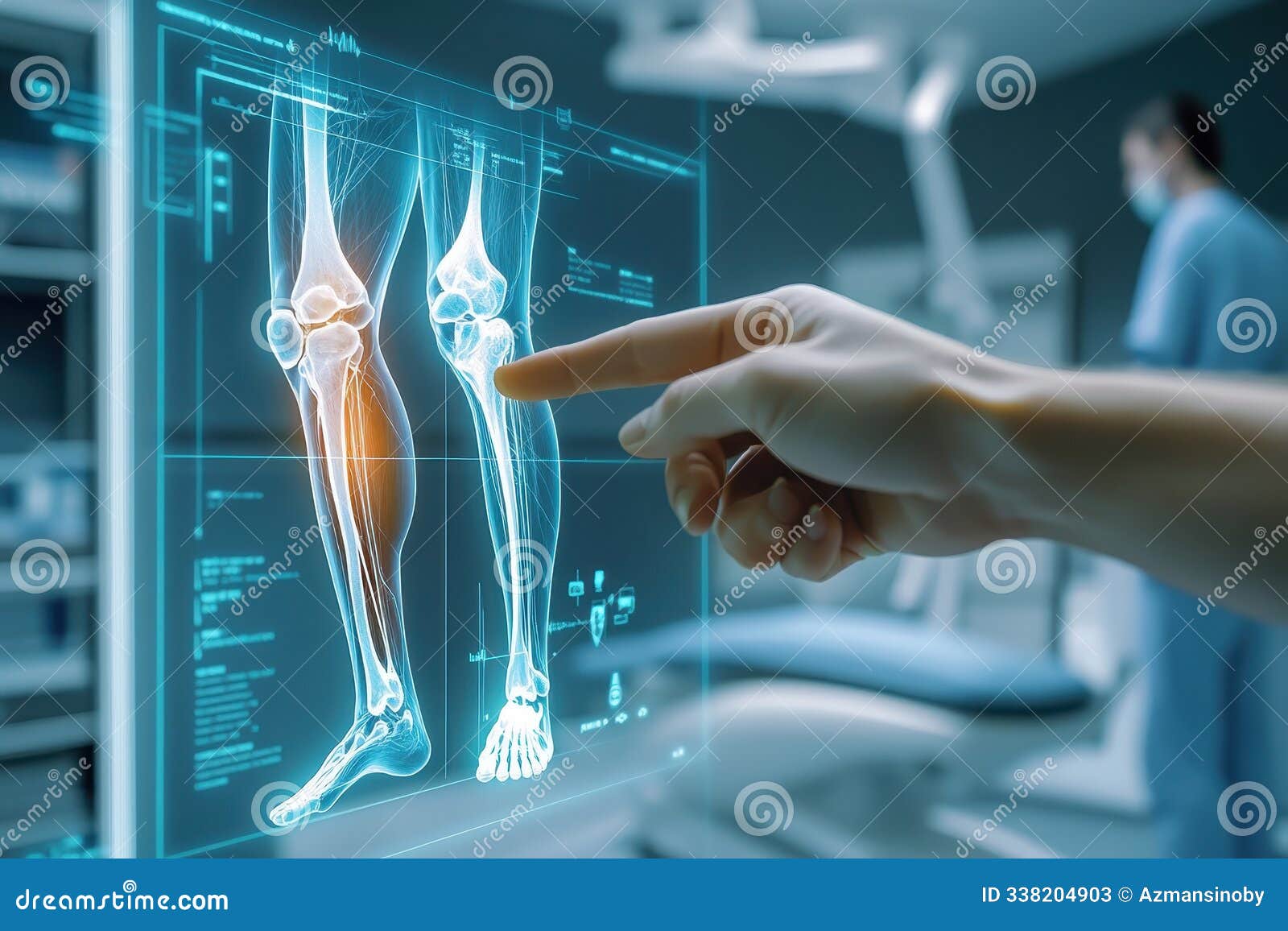 A Hand Points at a Digital Display of Knee X-rays in a Medical ...