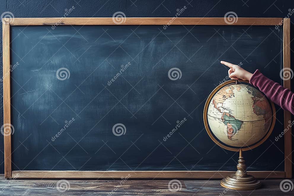 A Hand Points at a Globe Placed Next To an Empty Chalkboard, Creating ...