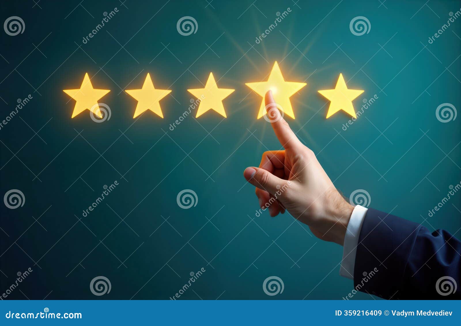 Hand Points To Glowing Five-star Rating on Blue Background. Excellent ...