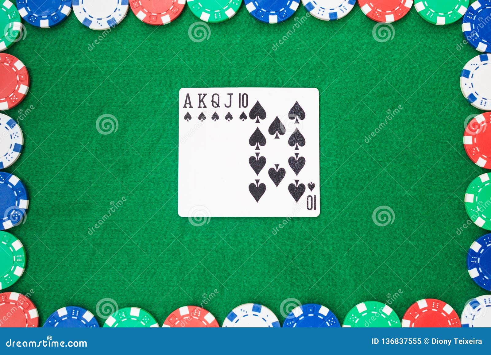 Hand of Poker, Straight Flush and Chips Frame on a Felt Green ...