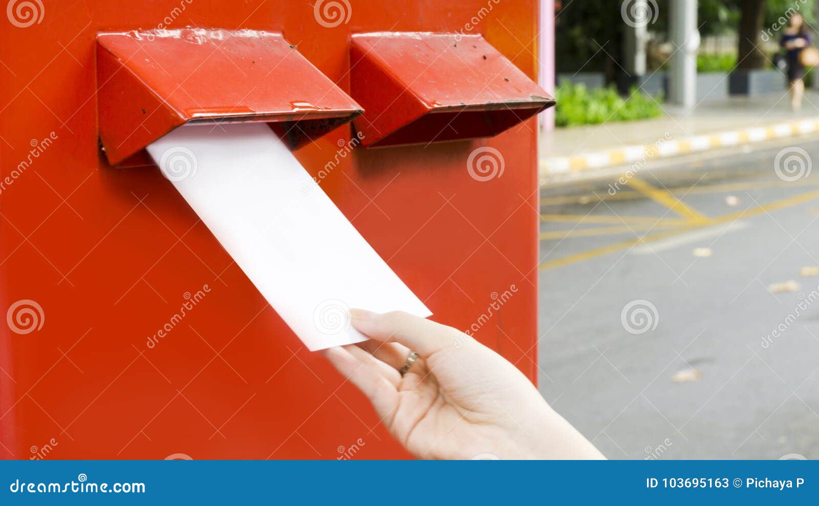 Hand with Postcard and Drop in Red Mail Postbox Stock Image - Image of ...