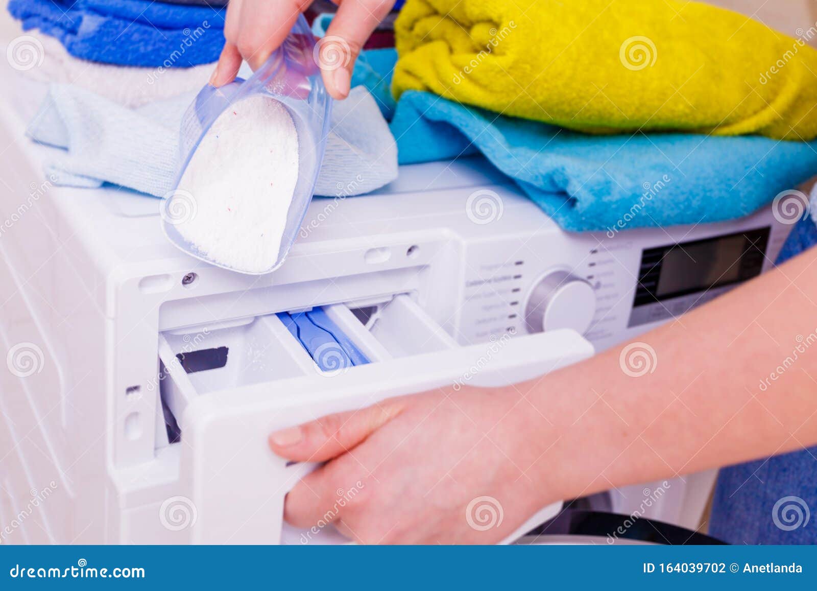 Hand Pour Washing Powder into Machine Stock Photo - Image of preparing ...
