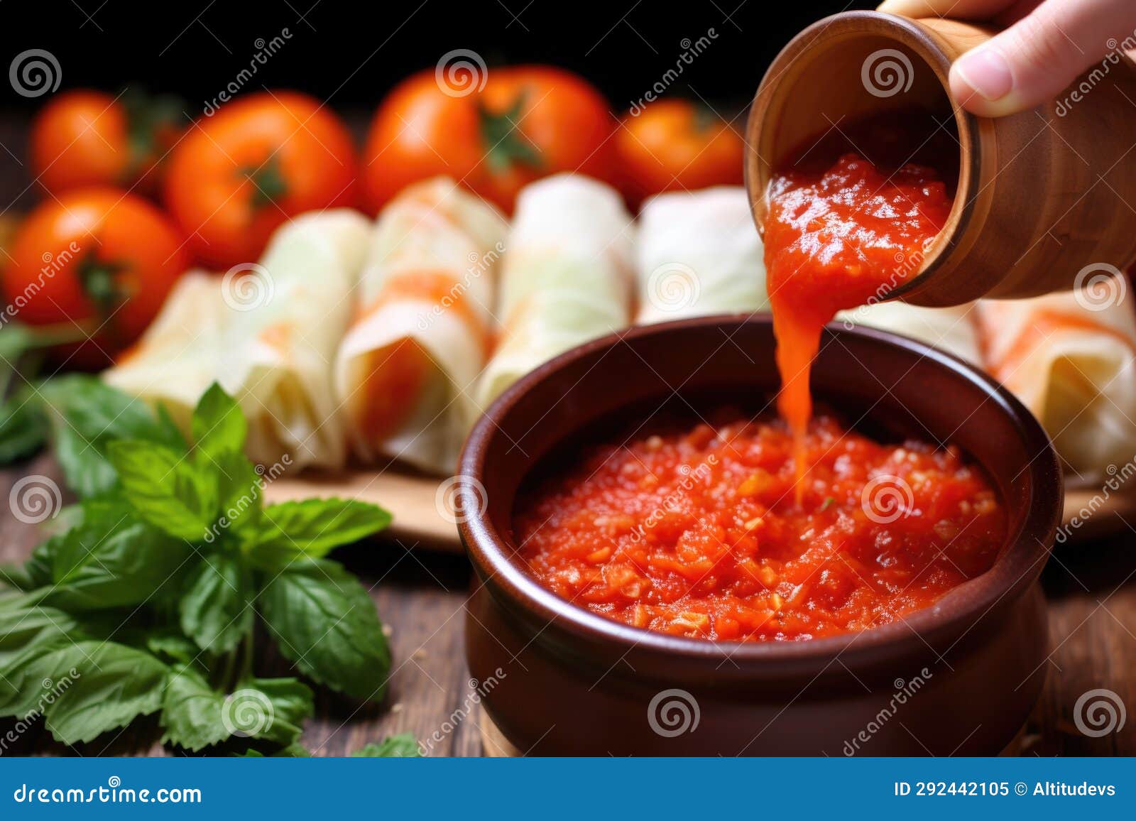 Hand Pouring Tomato Sauce Onto Freshly Rolled Cabbage Stock Image ...
