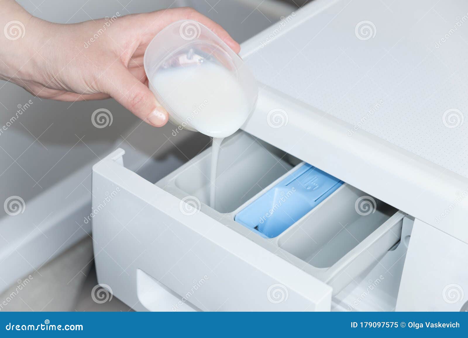 Hand Pours a Greasy Detergent into the Washing Machine Compartment ...