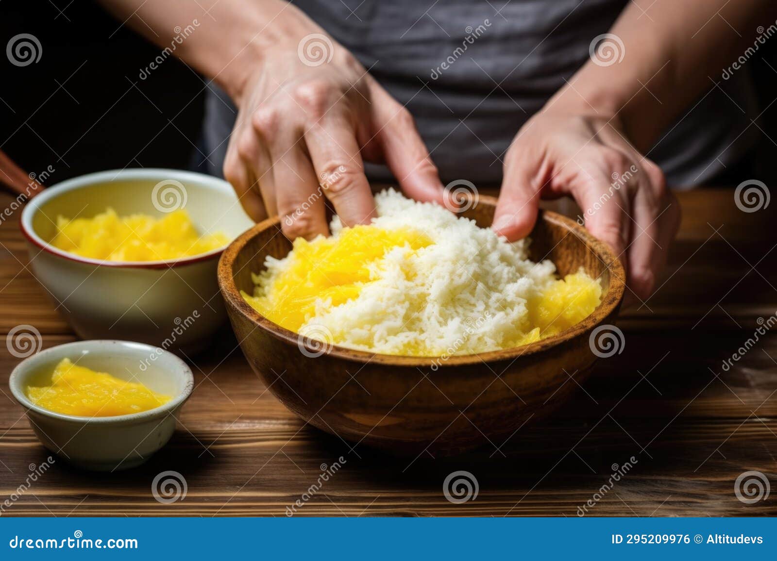 Hand Preparing To Spoon from a Bowl of Mango Sticky Rice Stock Photo ...