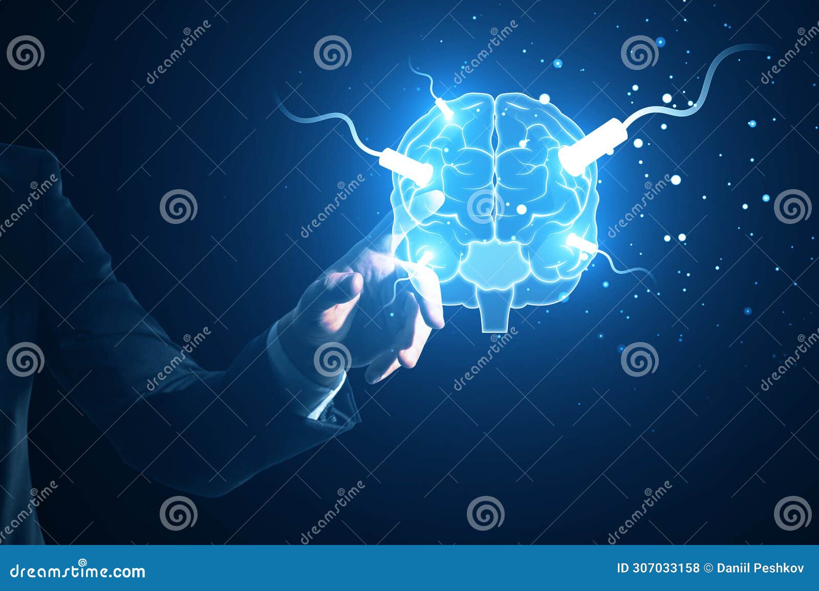 Hand Presenting a Digital Brain with Glowing Neural Links on a Backdrop ...