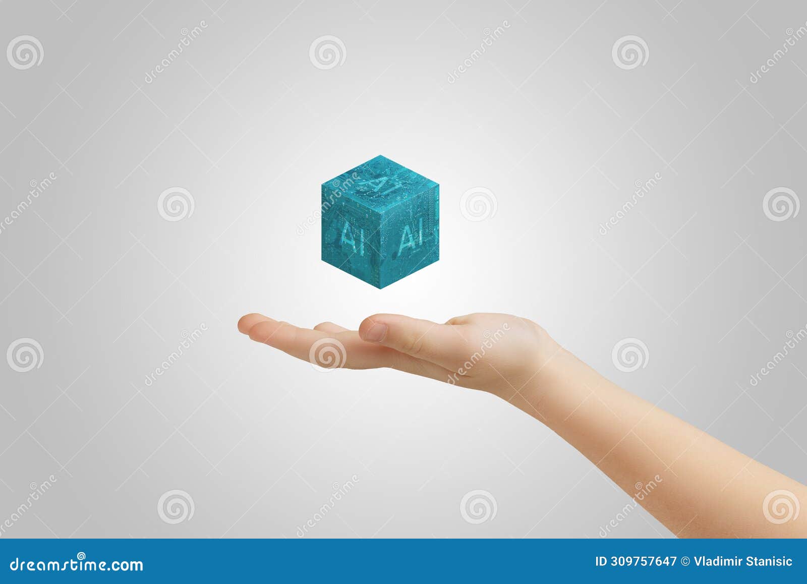 Hand Presenting Levitating Cube with AI Text, Illustrating Artificial ...