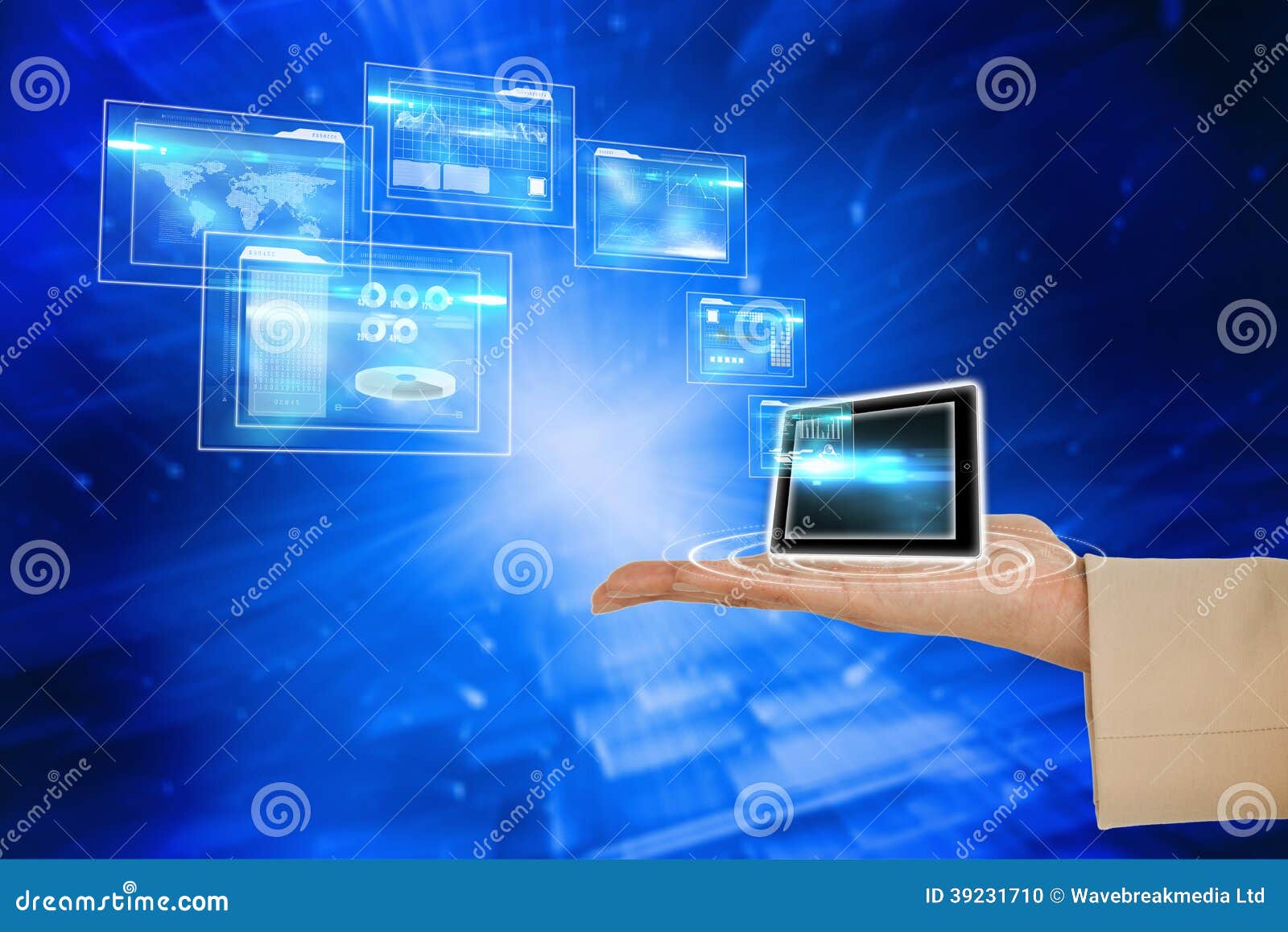 Hand Presenting Tablet and Interfaces Stock Photo - Image of showing ...