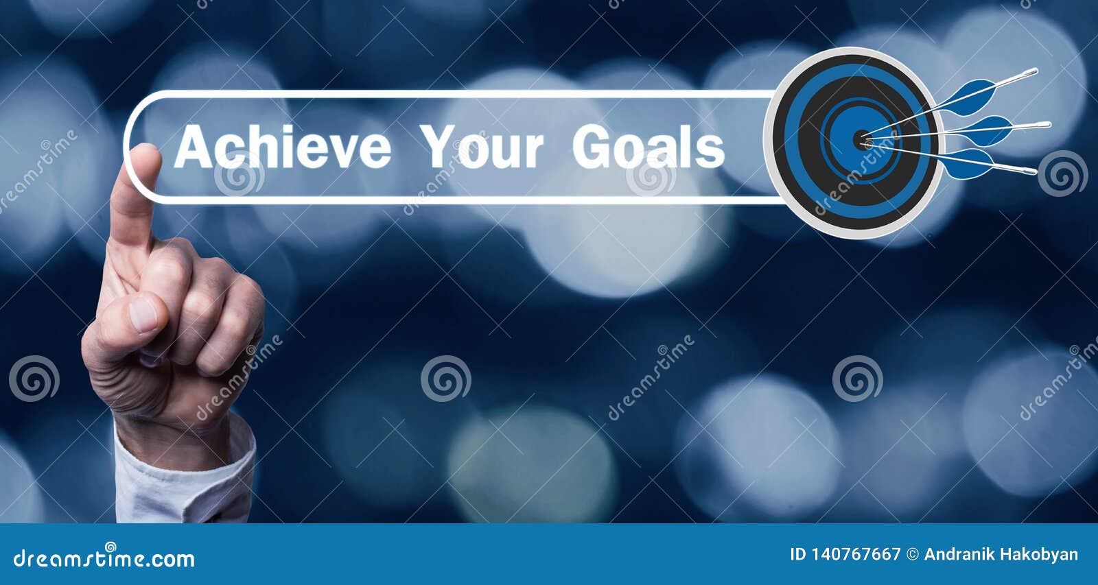 Hand Press Achieve Your Goals Text with a Target Dart Stock Image ...