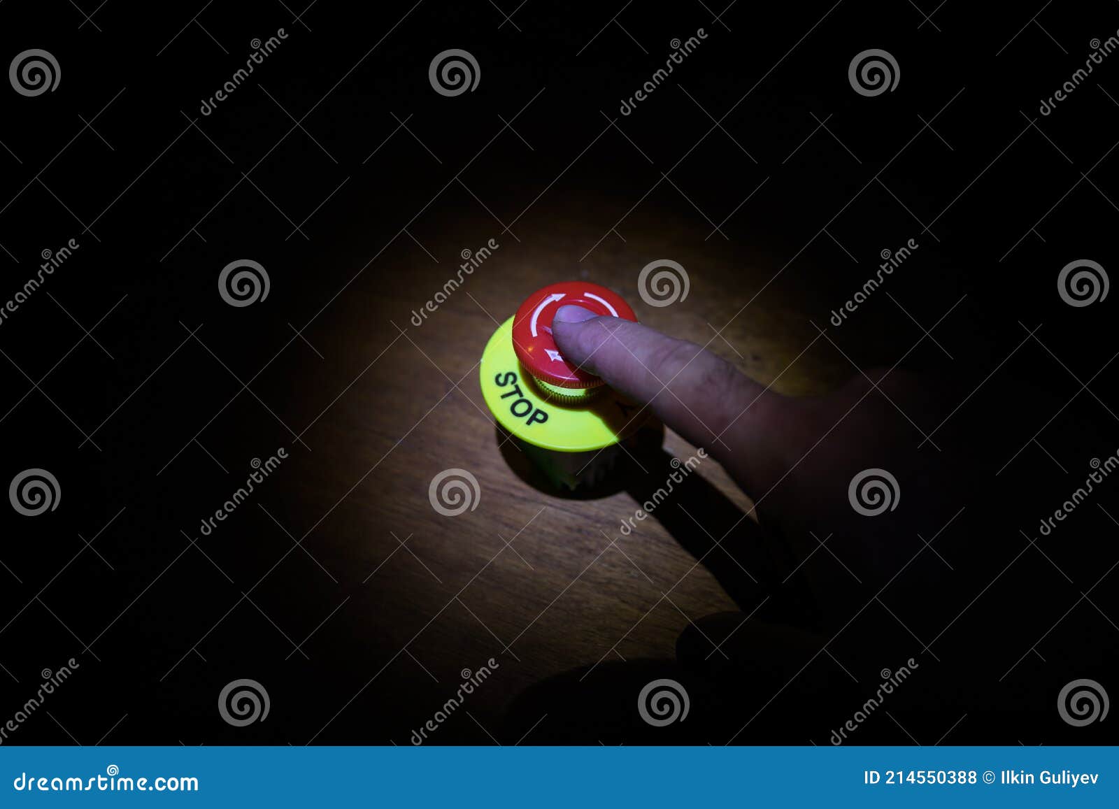 Hand Press on Big Red Button Grounge Background. Red Button on Table in ...