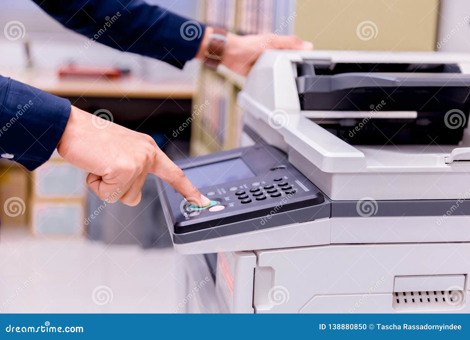 Hand Press Button on Panel of Printer. Stock Photo - Image of business ...