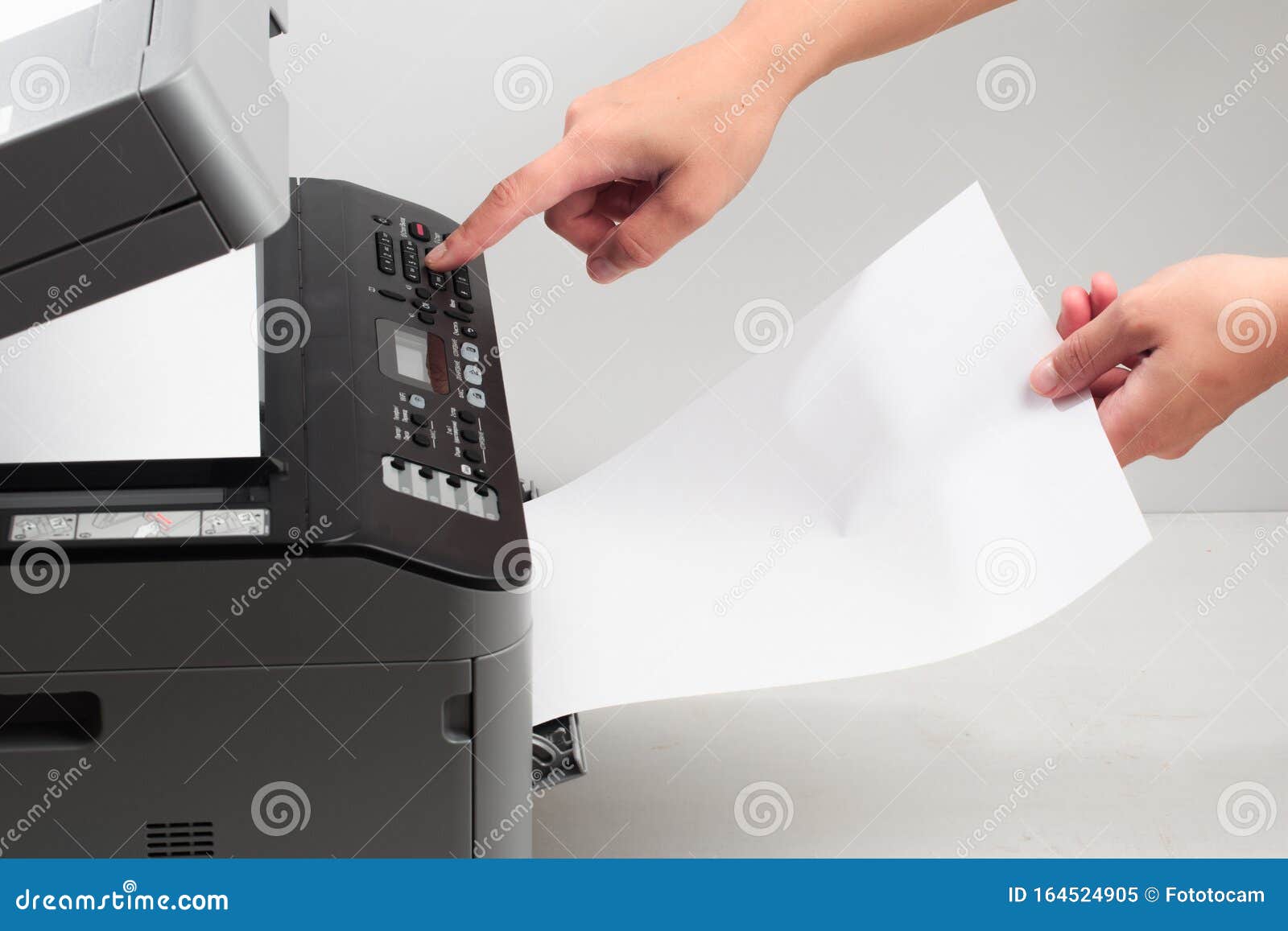 Hand Press Button on Panel of Printer. Printer Scanner Laser Office ...