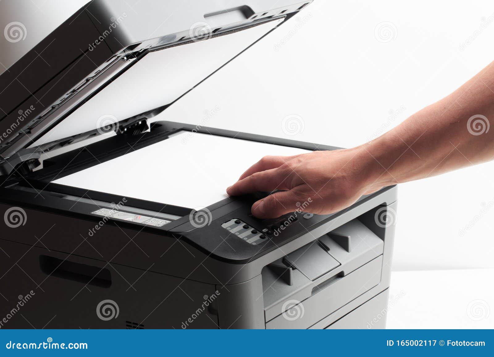 Hand Press Button on Panel of Printer. Printer Scanner Laser Office ...