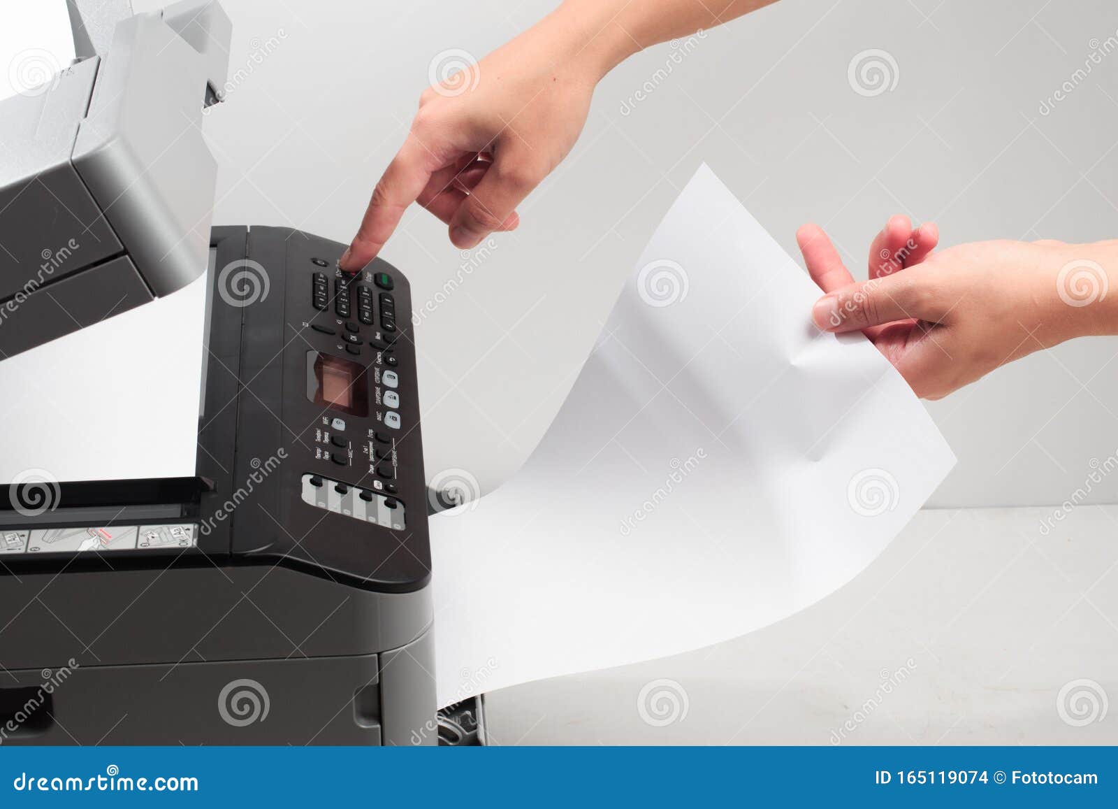 Hand Press Button on Panel of Printer. Printer Scanner Laser Office ...