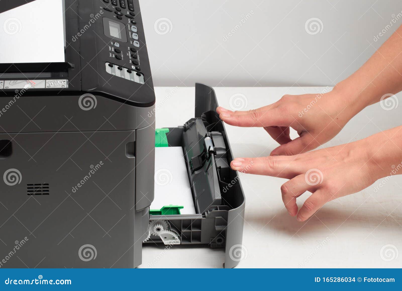 Hand Press Button on Panel of Printer. Printer Scanner Laser Office ...