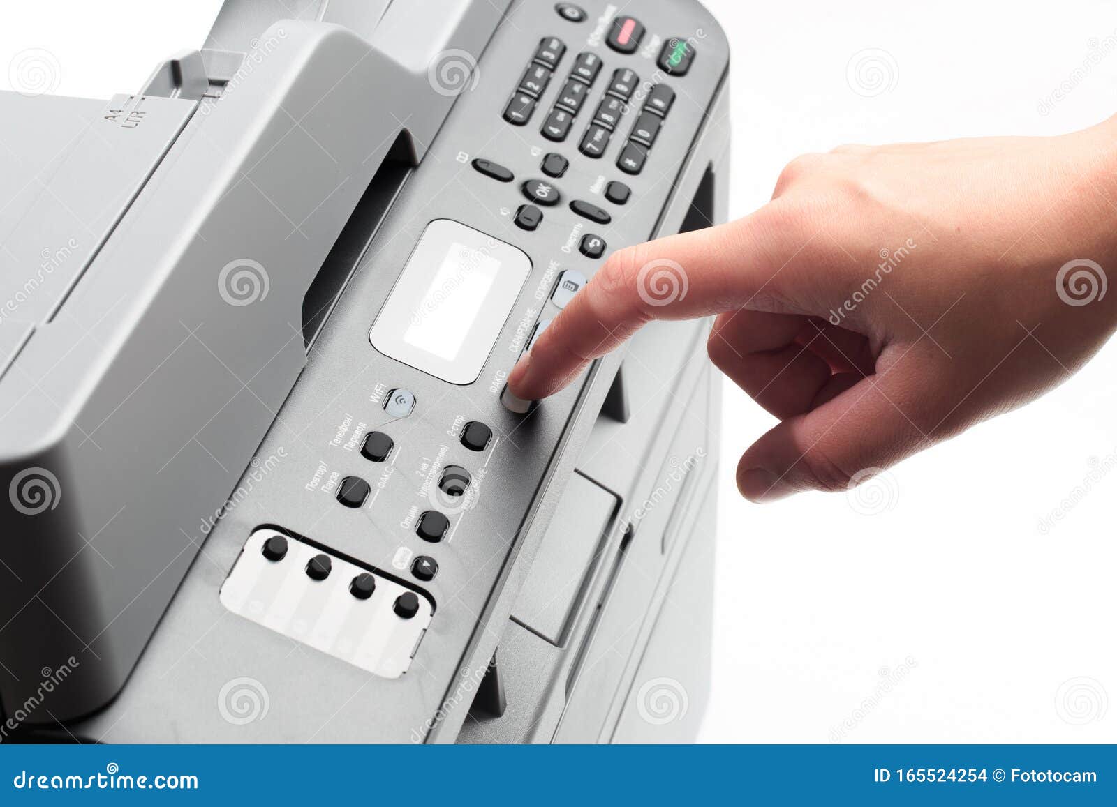 Hand Press Button on Panel of Printer. Printer Scanner Laser Office ...