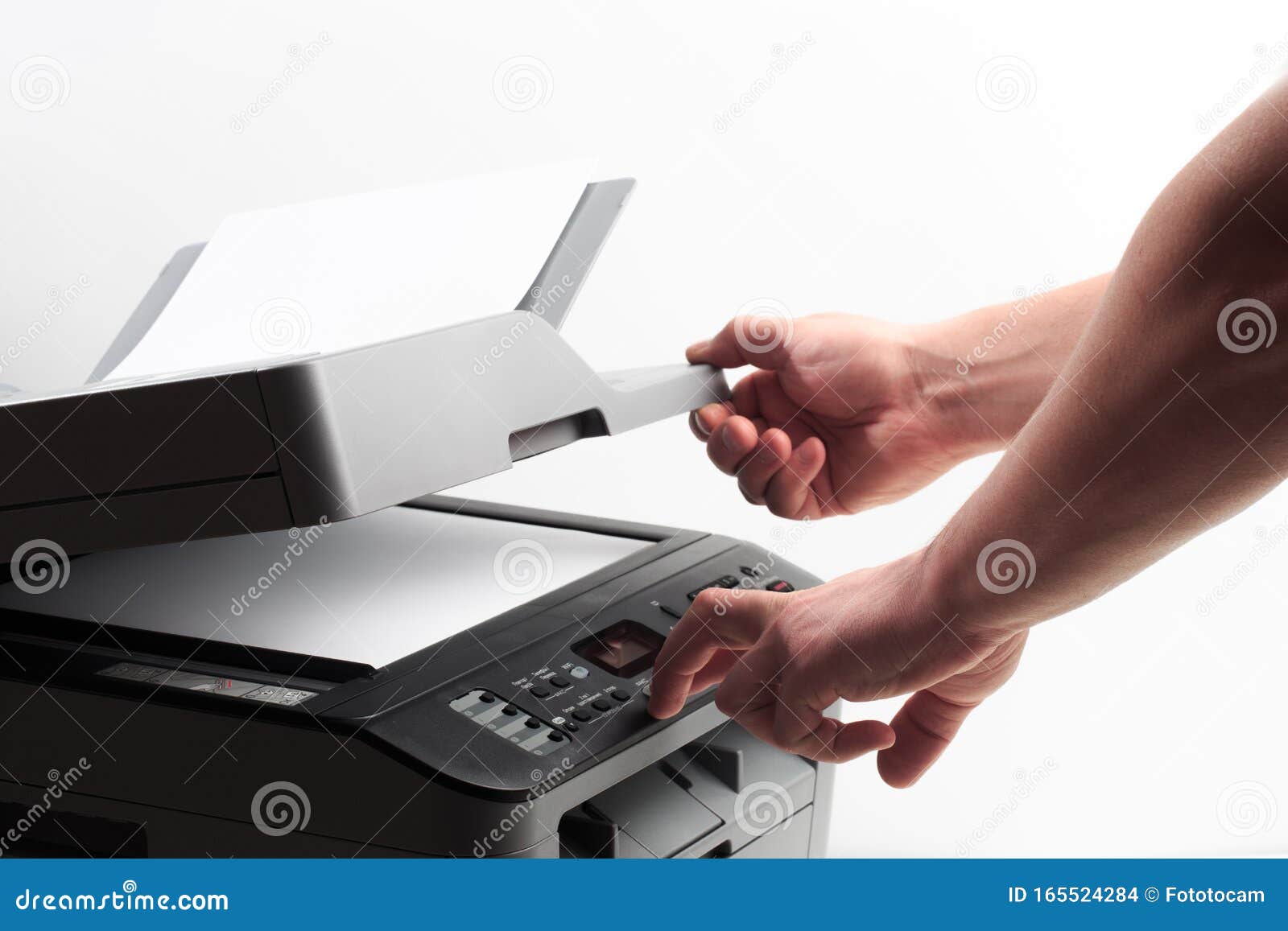 Hand Press Button on Panel of Printer. Printer Scanner Laser Office ...