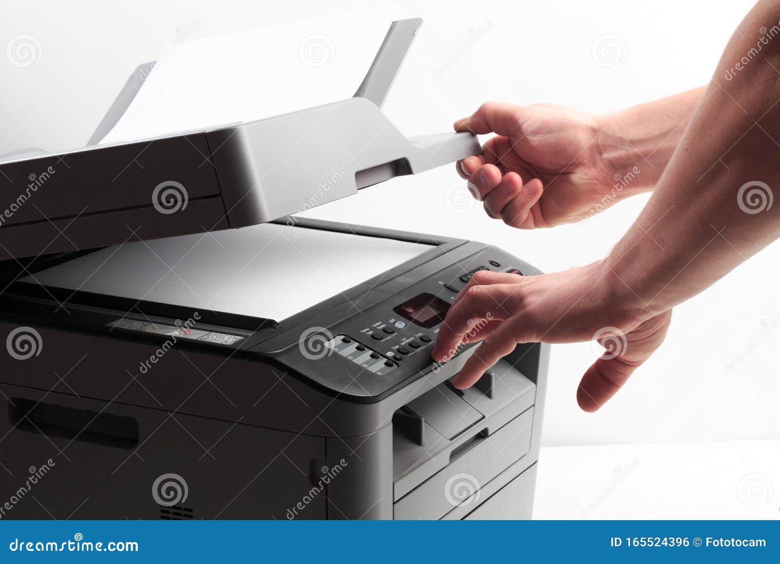 Hand Press Button on Panel of Printer. Printer Scanner Laser Office ...