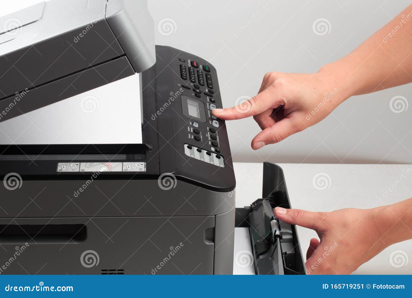 Hand Press Button on Panel of Printer. Printer Scanner Laser Office ...