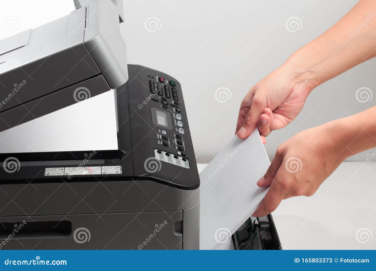 Hand Press Button on Panel of Printer. Printer Scanner Laser Office ...
