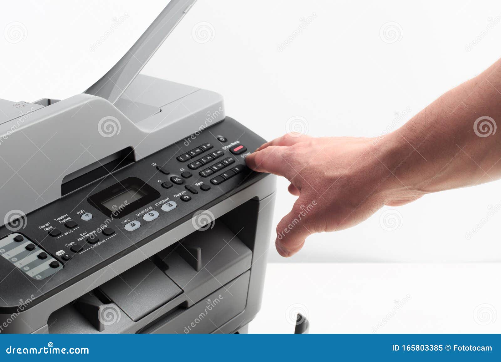 Hand Press Button on Panel of Printer. Printer Scanner Laser Office ...
