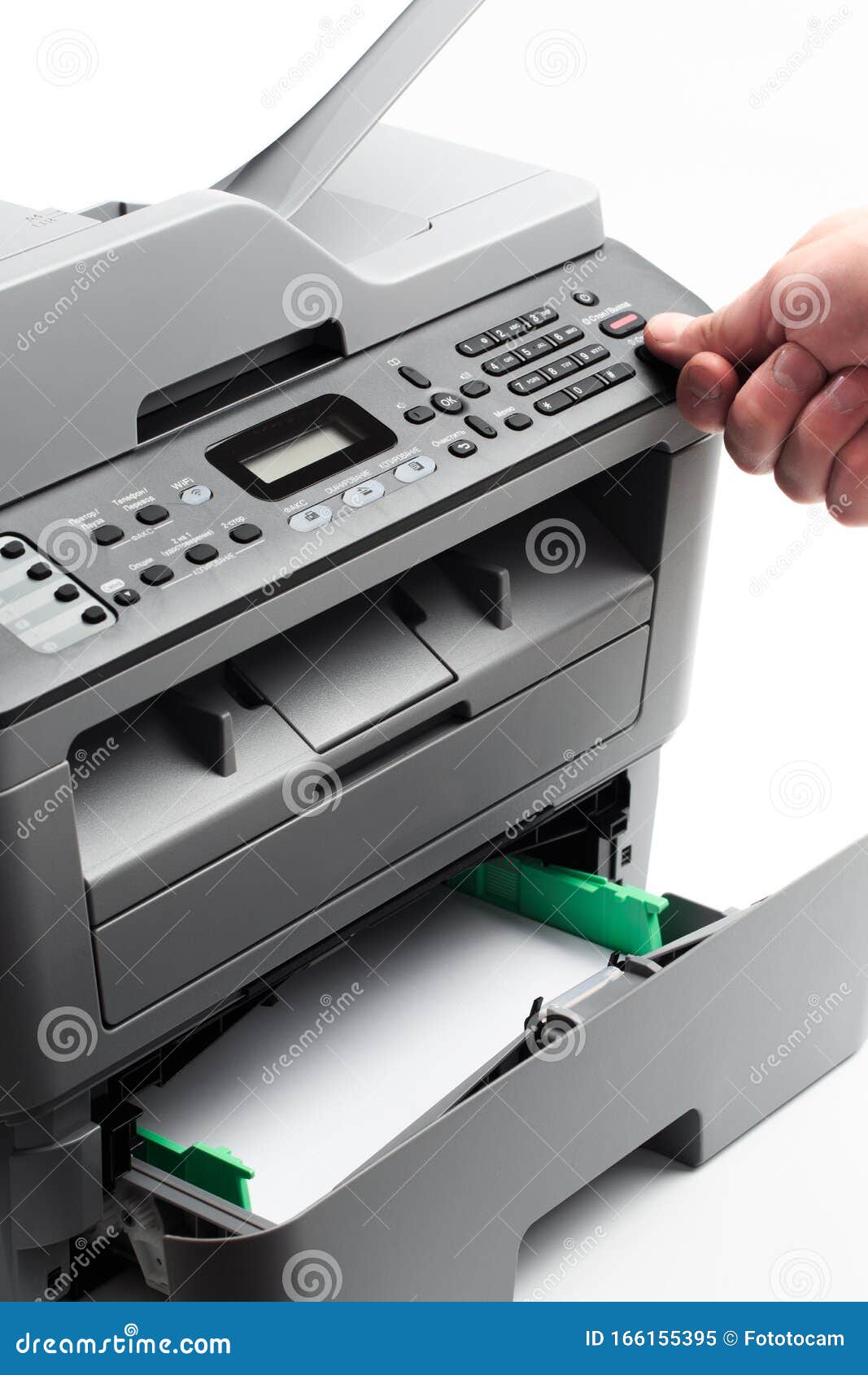 Hand Press Button on Panel of Printer. Printer Scanner Laser Office ...