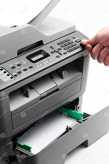Hand Press Button on Panel of Printer. Printer Scanner Laser Office ...