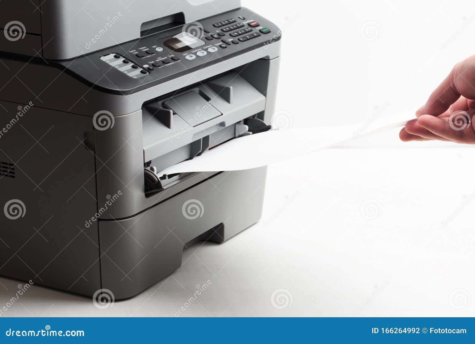 Hand Press Button on Panel of Printer. Printer Scanner Laser Office ...