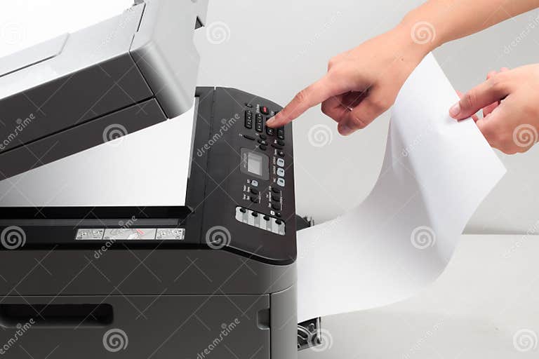 Hand Press Button on Panel of Printer. Printer Scanner Laser Office ...