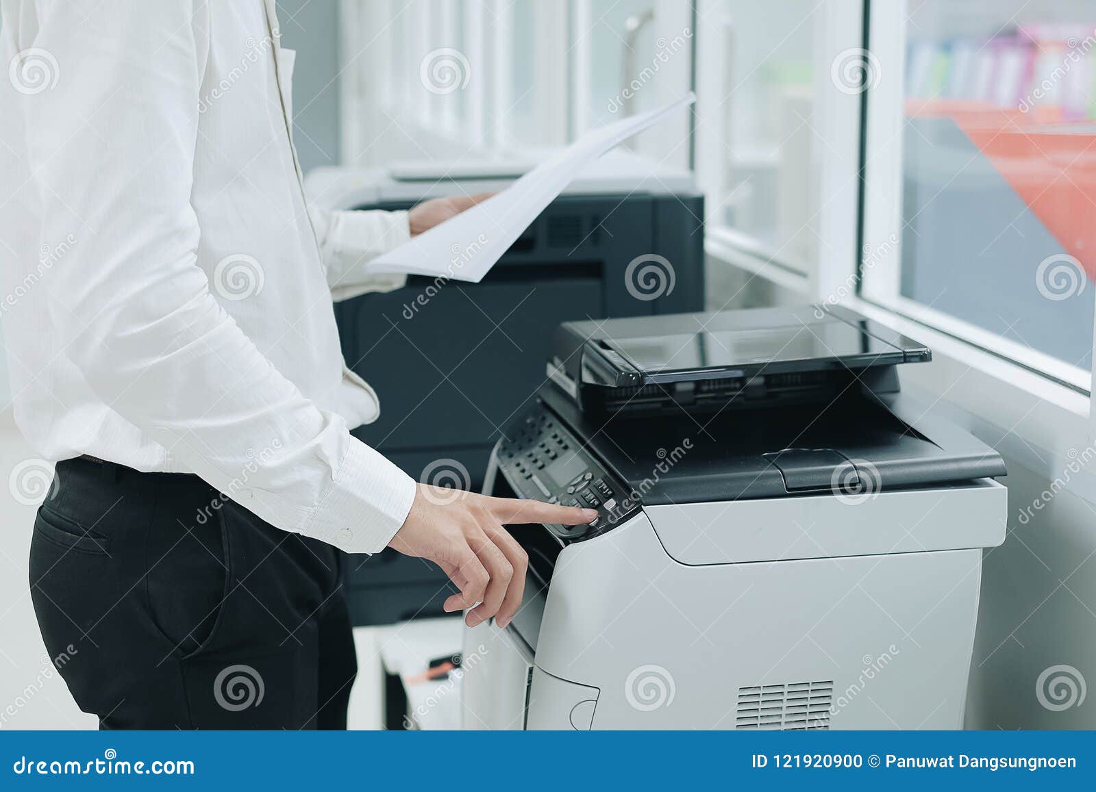 Hand Press Button on Panel of Printer Scanner or Laser Copy Machine in ...